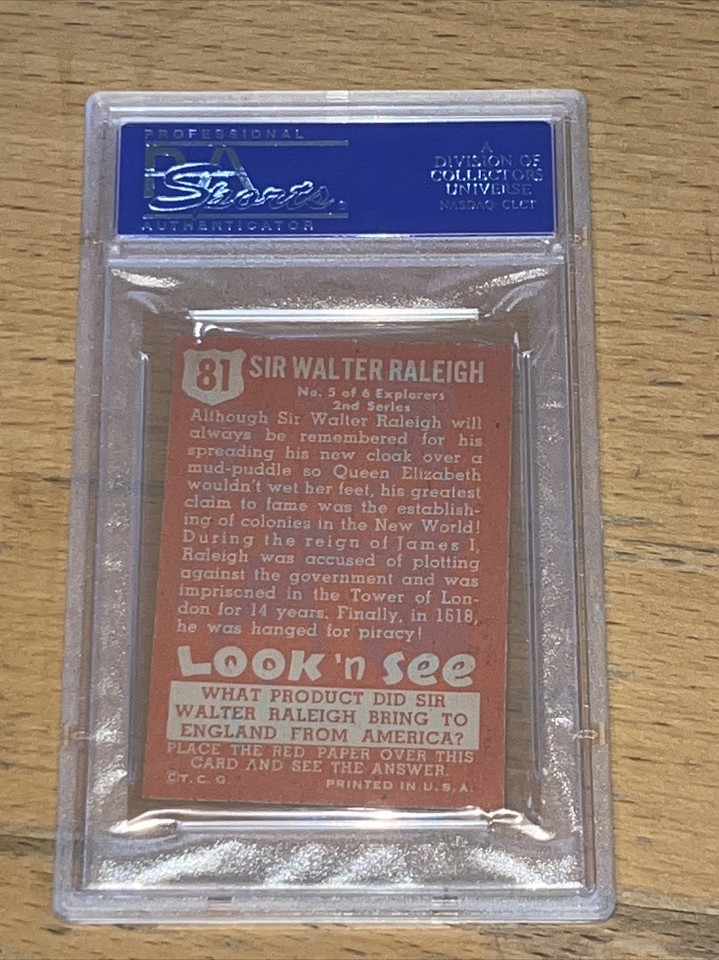 1952 Topps Look 'N See #81 Sir Walter Raleigh Explorer PSA 7 NM Low POP ...