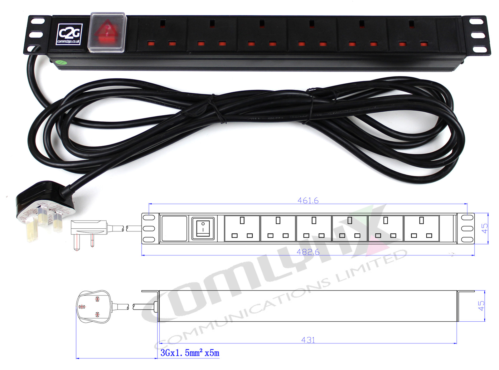 19" 6 Way UK Power Distribution Unit + 5M 13A MAINS LEAD Extension PDU ...