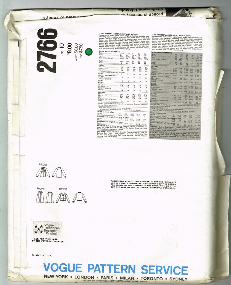 Vogue Pattern American Designer Bill Haire 2766 Size 10 Skirt Jacket ...