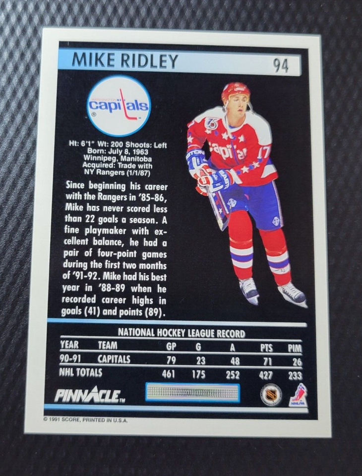 1991-92 Pinnacle MIKE RIDLEY Washington Capitals Hockey NHL Card #94 | eBay