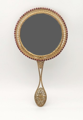 (Rare) Vintage Brass Filigree Double Sided Red Garnet Hand Held mirror ...