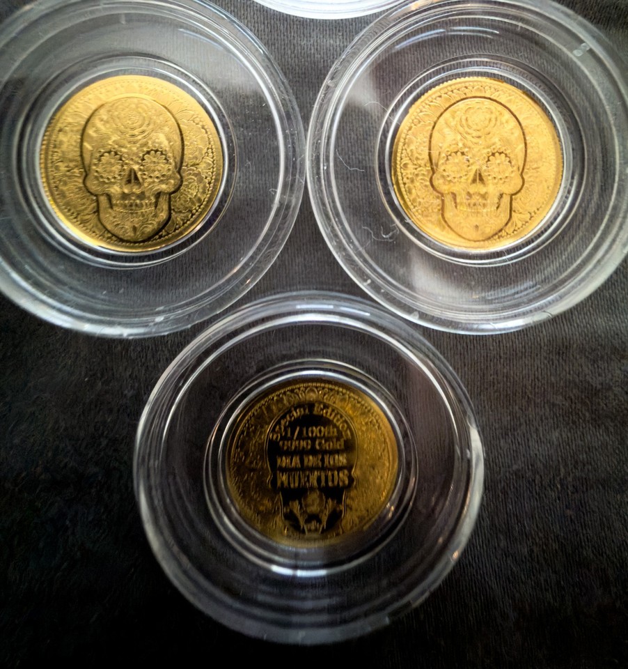 Dia de Los Muertos (3) 1/200th & (3) 1/100th Oz 9999 Gold Skull coins ...