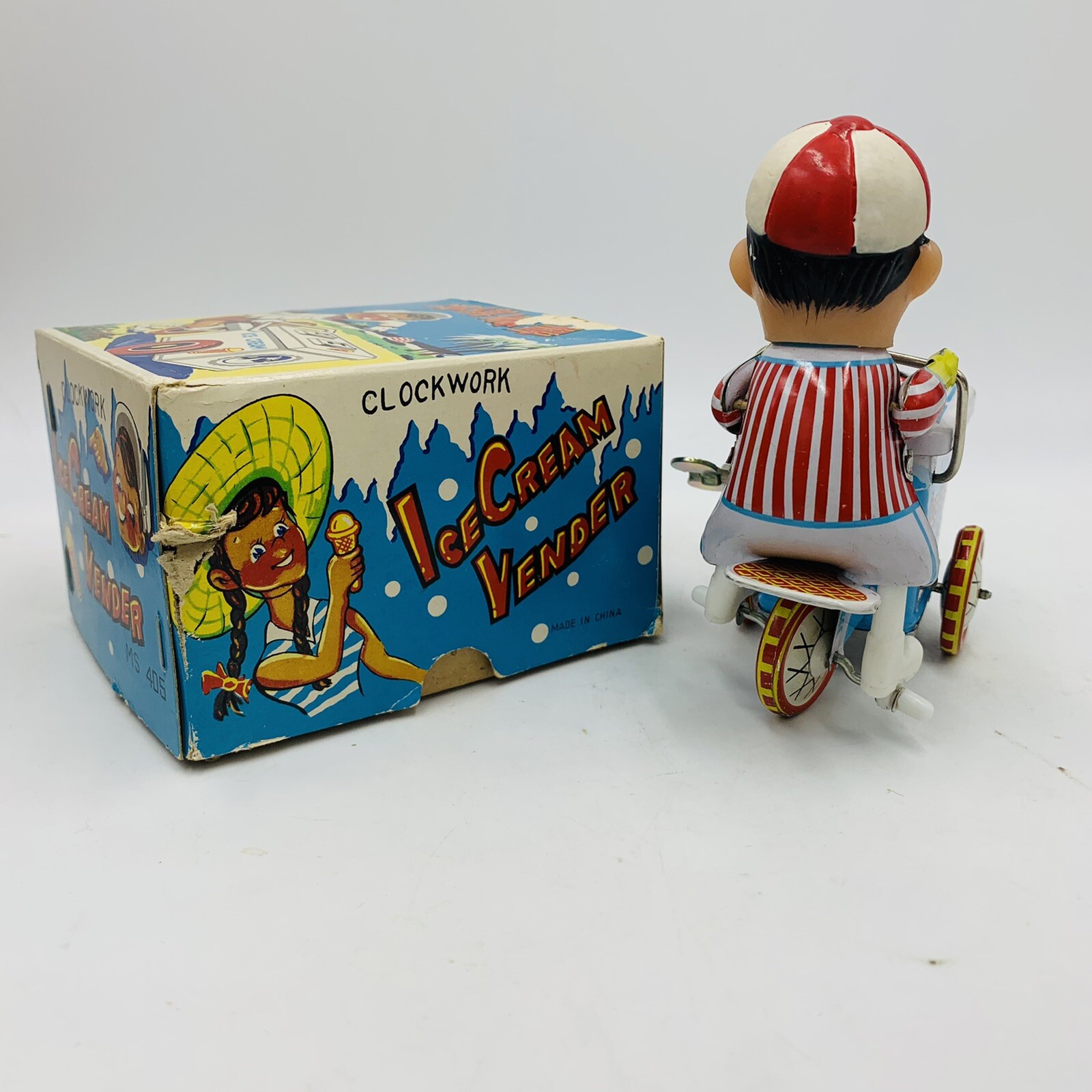 Vtg Repro Clockwork Ice Cream Vendor Metal Wind Tin Up Toy Kitsch ...