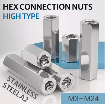 304 High Hex Connection Nuts Hexagon Connector Connecting Rod Bar Stud ...