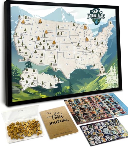 National Parks Map With Wooden Pine Tree Pins, 12X10, National Park ...