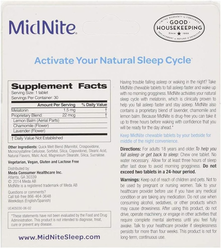 Midnite Sleep Aid for Occasional Sleeplessness, 30 Chewable Cherry ...