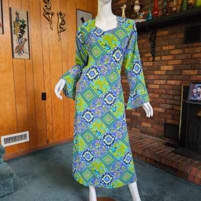 Vtg 60s Psychedelic Trumpet Sleeve Hippie Love Child Belted Caftan Midi ...
