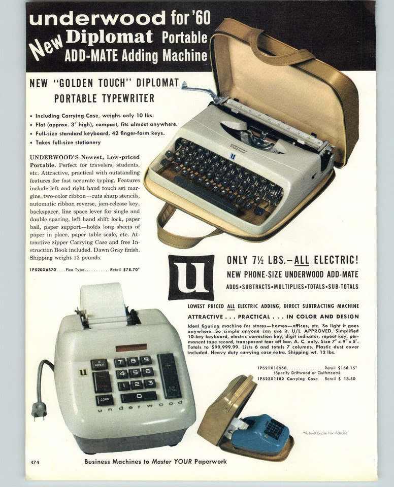 1960 PAPER AD Typewriter Underwood Adding Machine Diplomat Golden Touch ...
