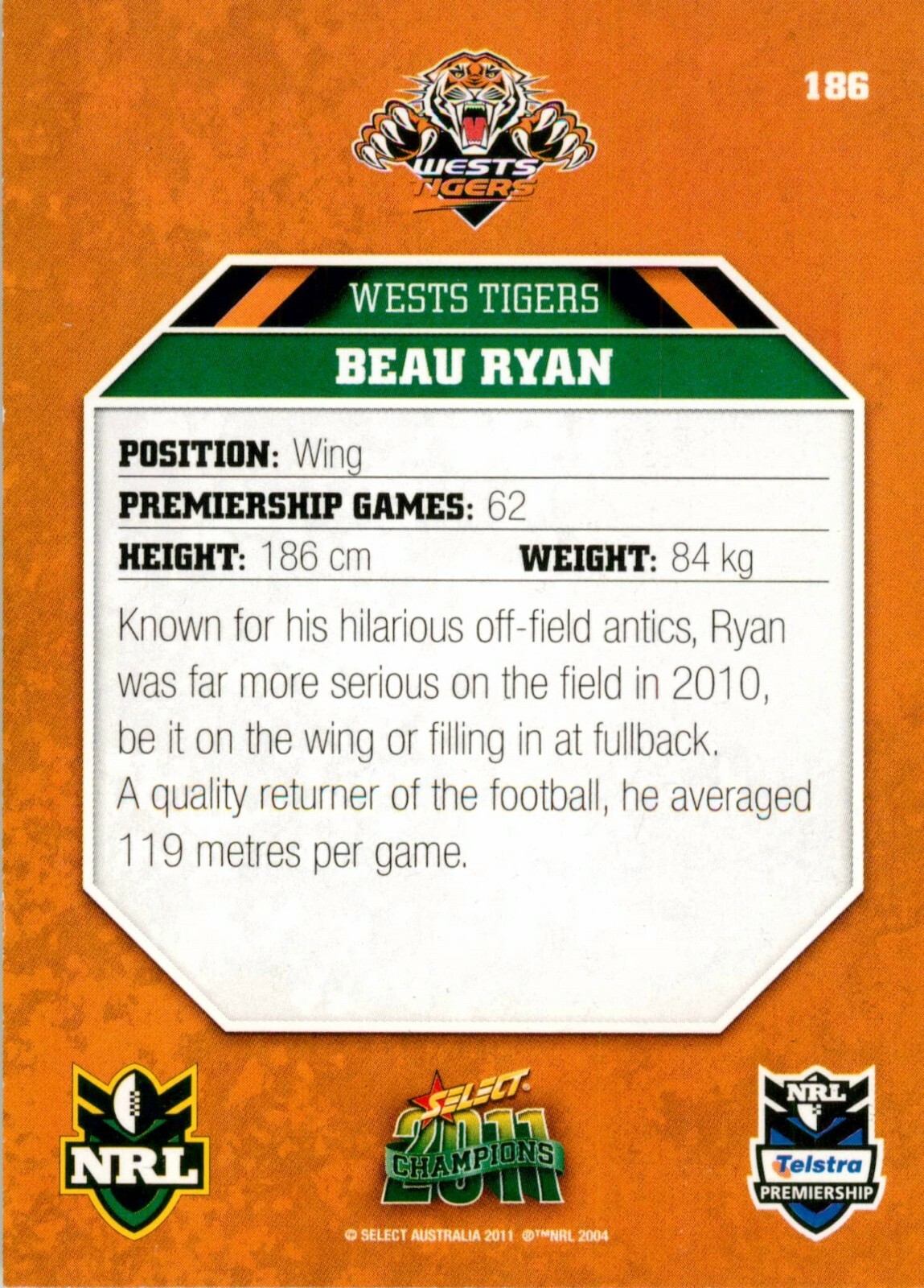 Signed 2011 WESTS TIGERS NRL Card BEAU RYAN | eBay