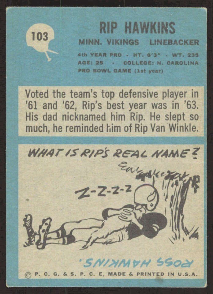1964 Philadelphia Rip Hawkins Minnesota Vikings #103 | eBay