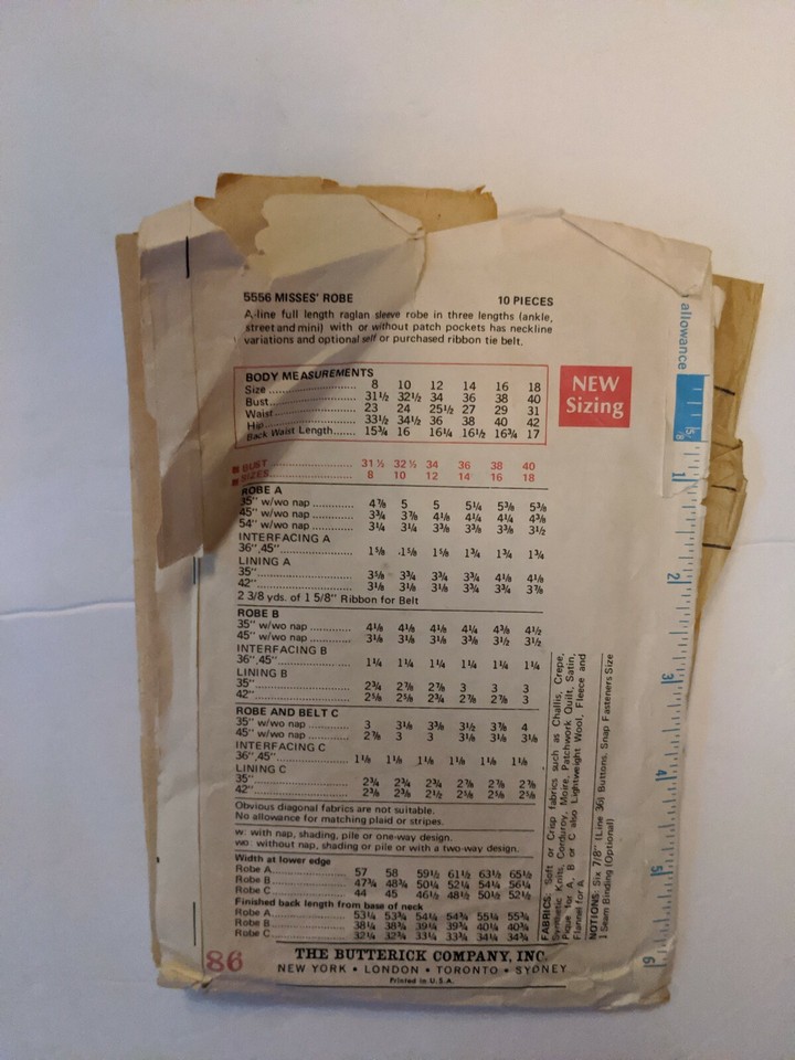 Vintage BUTTERICK 5556 Misses' Robe, 10 pieces Size 12 Bust 34 | eBay