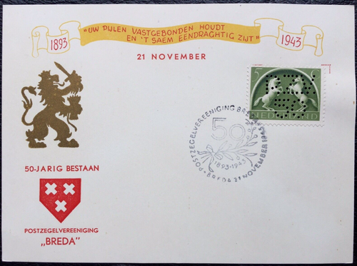 Niederlande 1943 Sonderkarte Breda Nr. 411 Lochung Perfin P.Z.V.50 ...
