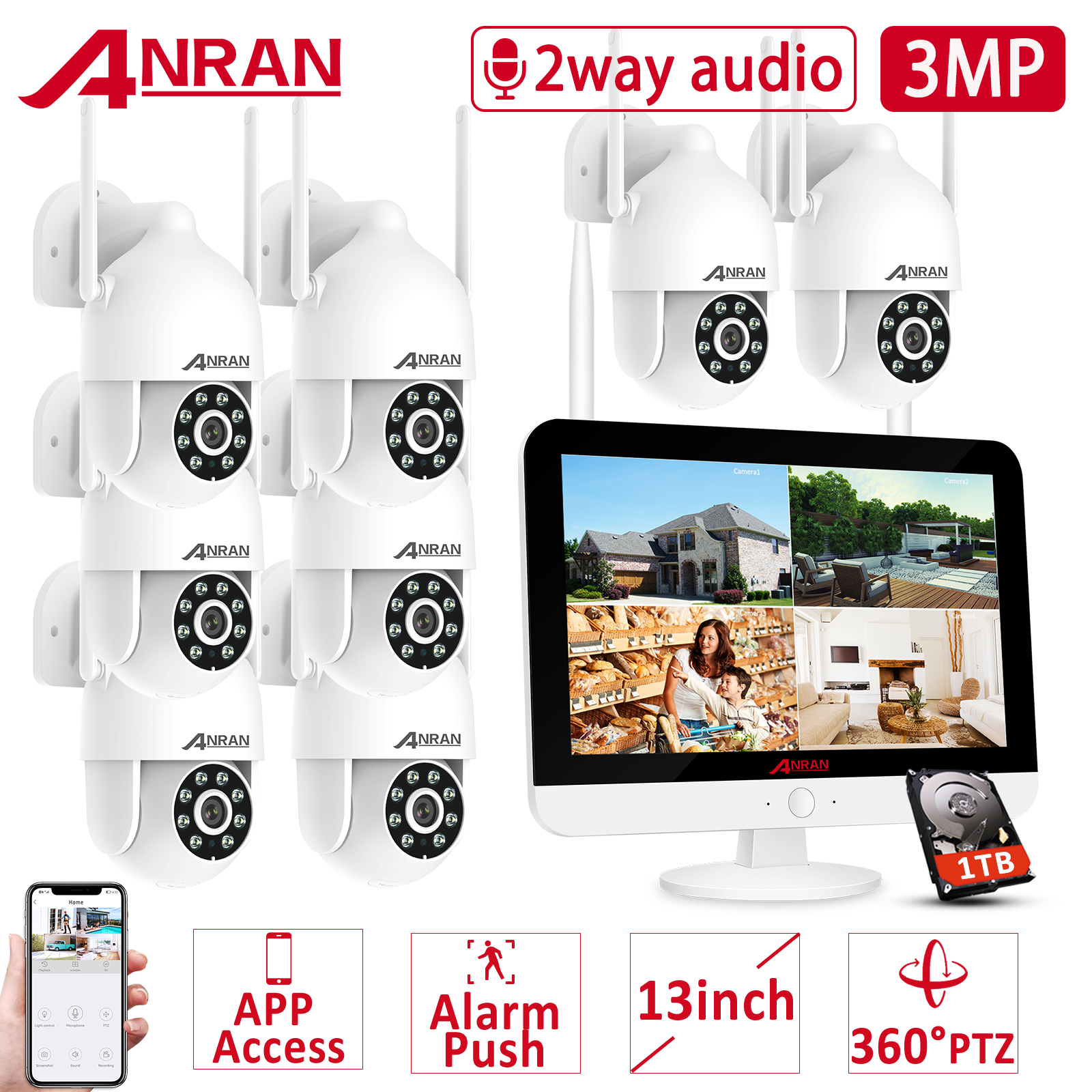 ANRAN Security Camera System Home Wireless Outdoor WiFi 13" 1TB HDD ...