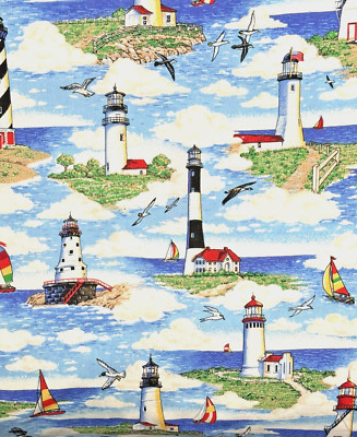 Springs Industries Fabric Seashore Lighthouse Seagulls Blue By The Yard ...