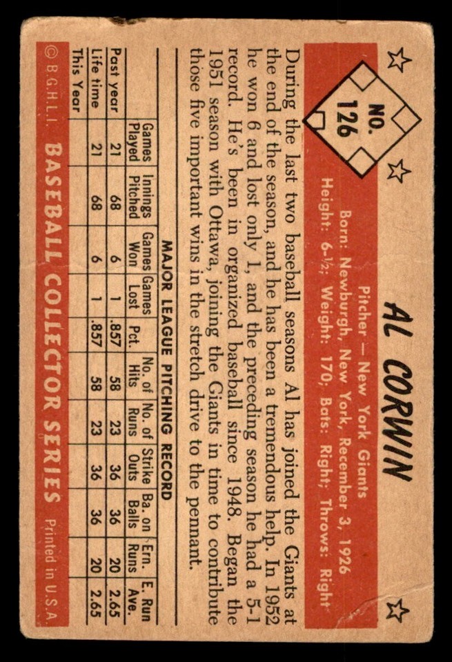 1953 Bowman Baseball #126 Al Corwin PR | eBay