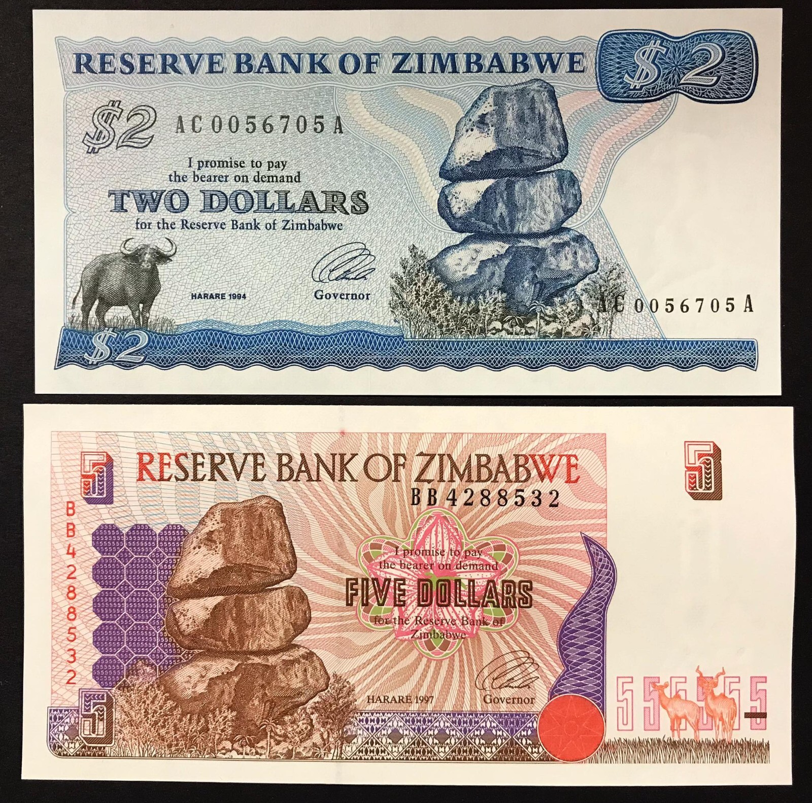 ZIMBAWE Zimbabwe 2 dollars 1994 + 5 Dollars 1997 unc- q.fds lotto.2854 ...