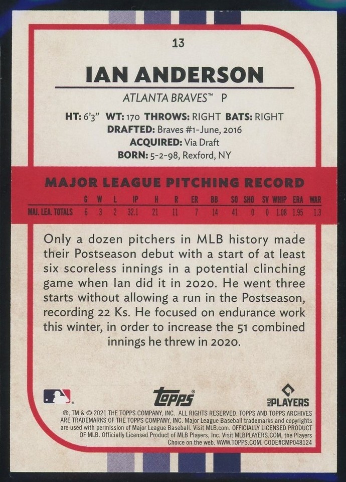 2021 Topps Archives Snapshots Ian Anderson Rookie Atlanta Braves RC #13 ...