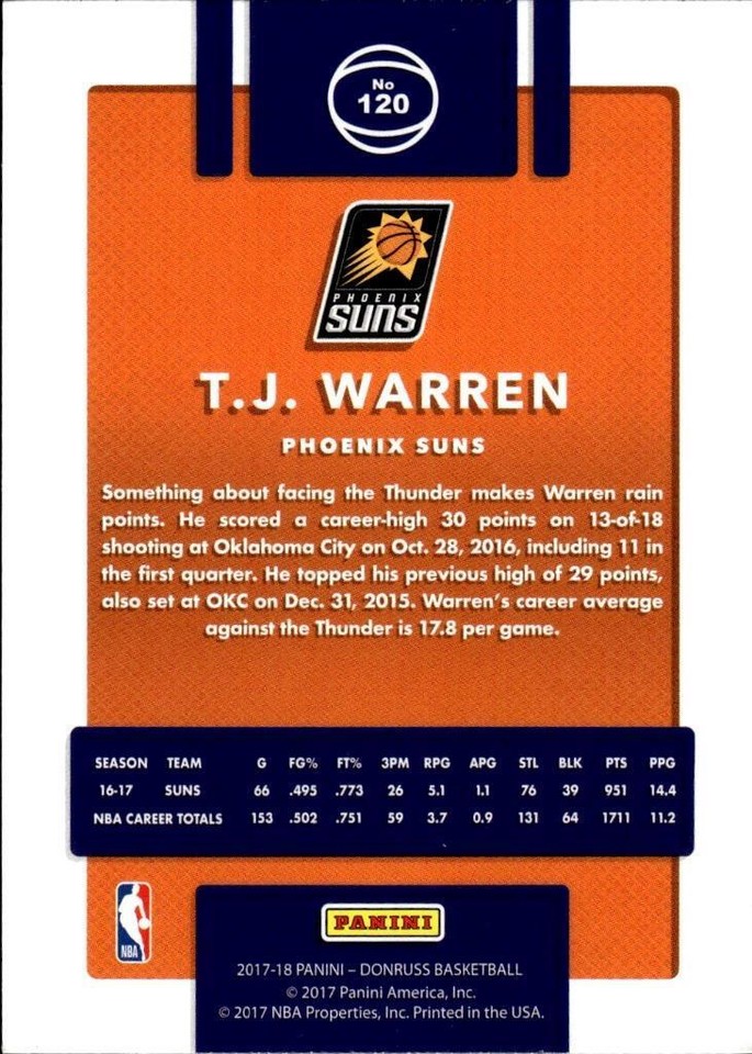 T.J. WARREN CARD #120 BUY ANY 2 ITEMS FOR 50% OFF B225R4S1P86 | eBay