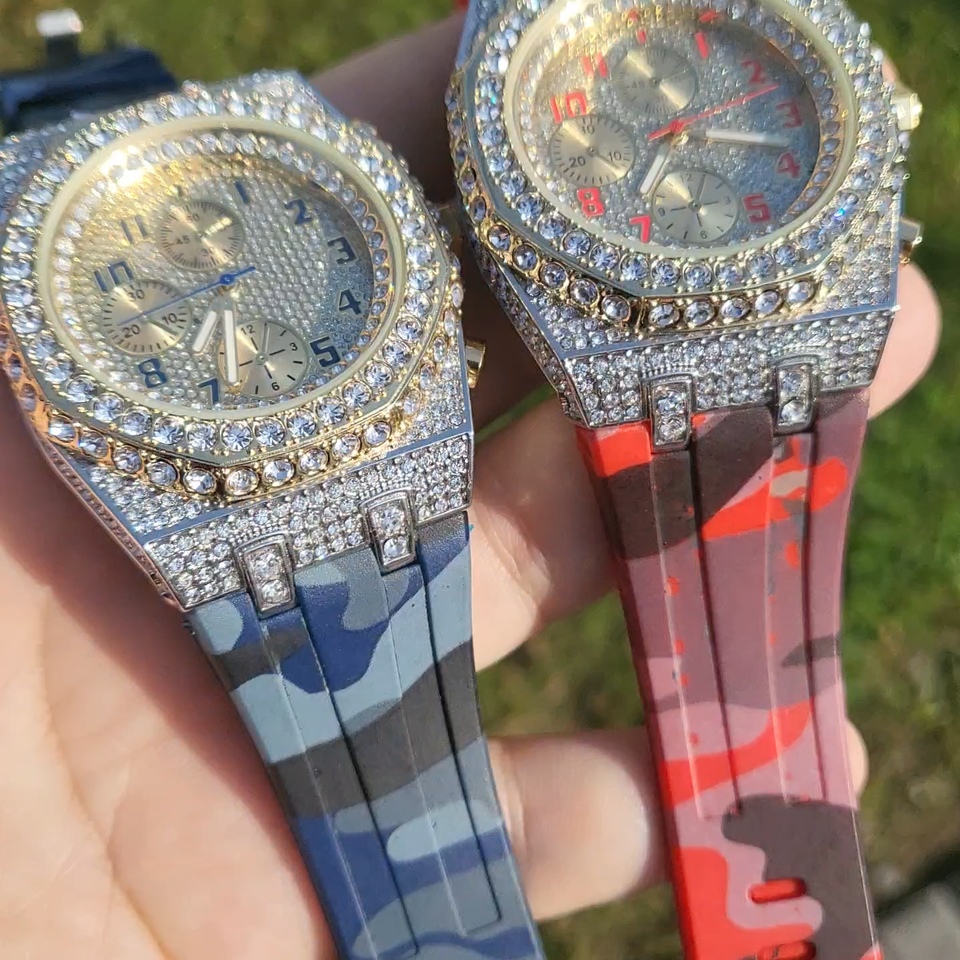 LUXURY HIP HOP ICED CAMOUFLAGE SILICONE BAND SIMULATED DIAMOND BLING ...