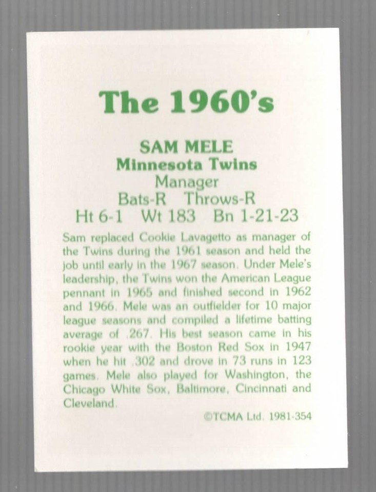 1981 TCMA The 1960's II Sam Mele Minnesota Twins #354 Near Mint or ...