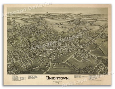 Bird's Eye View 1897 Uniontown Pennsylvania Vintage Style City Map ...