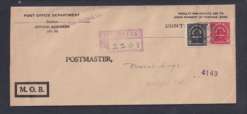 USA 1914 2c & 10c OFFICIALS ON REGISTERED COVER OAKLAND CALIFORNIA ...