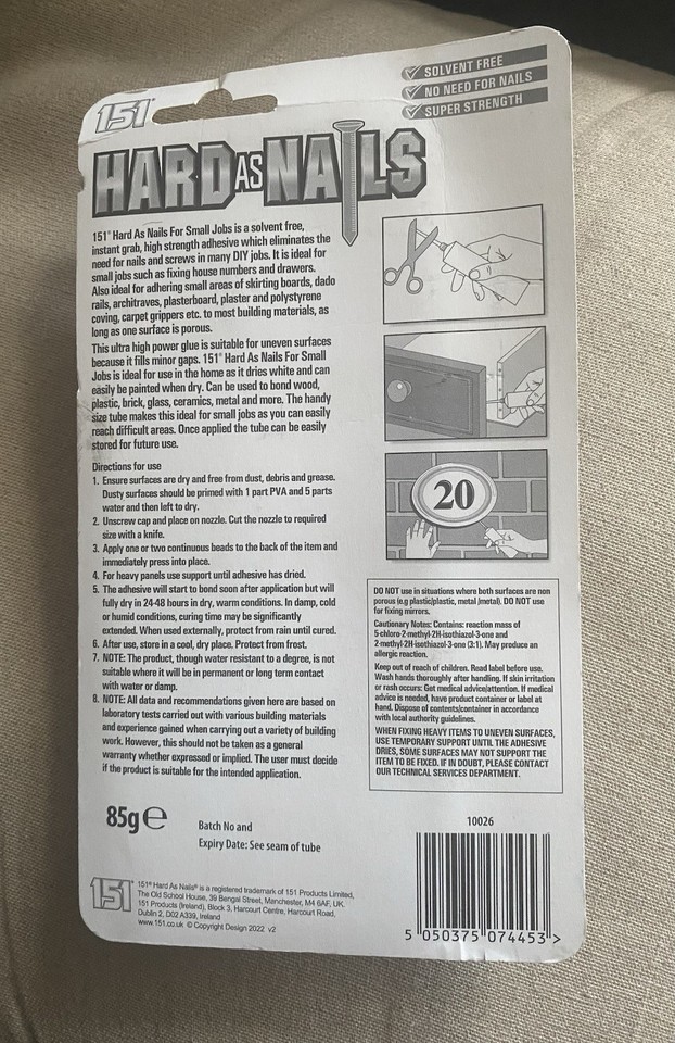 151 Hard as Nails Adhesive Glue Tube 85g High Strength, No Nails ...