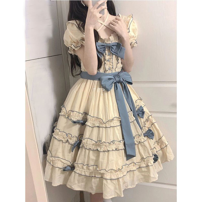 Lolita Girls Bowknot Princess A-Line Dress Puff Sleeve Japanese Sweet ...