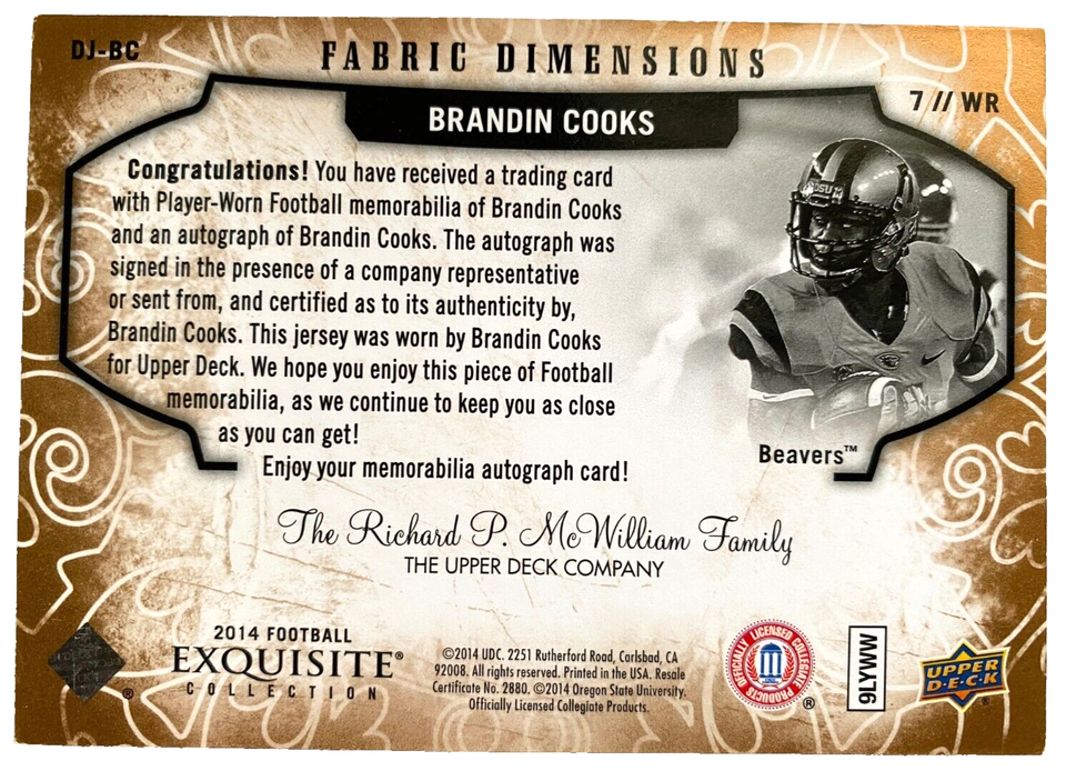 2014 Exquisite Dimensions #BC Brandin Cooks Jumbo Jersey Autograph RC ...