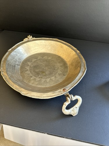Artique Primitive Hand Hammered Metal Bowl Tray Handled Engraved 12 ...