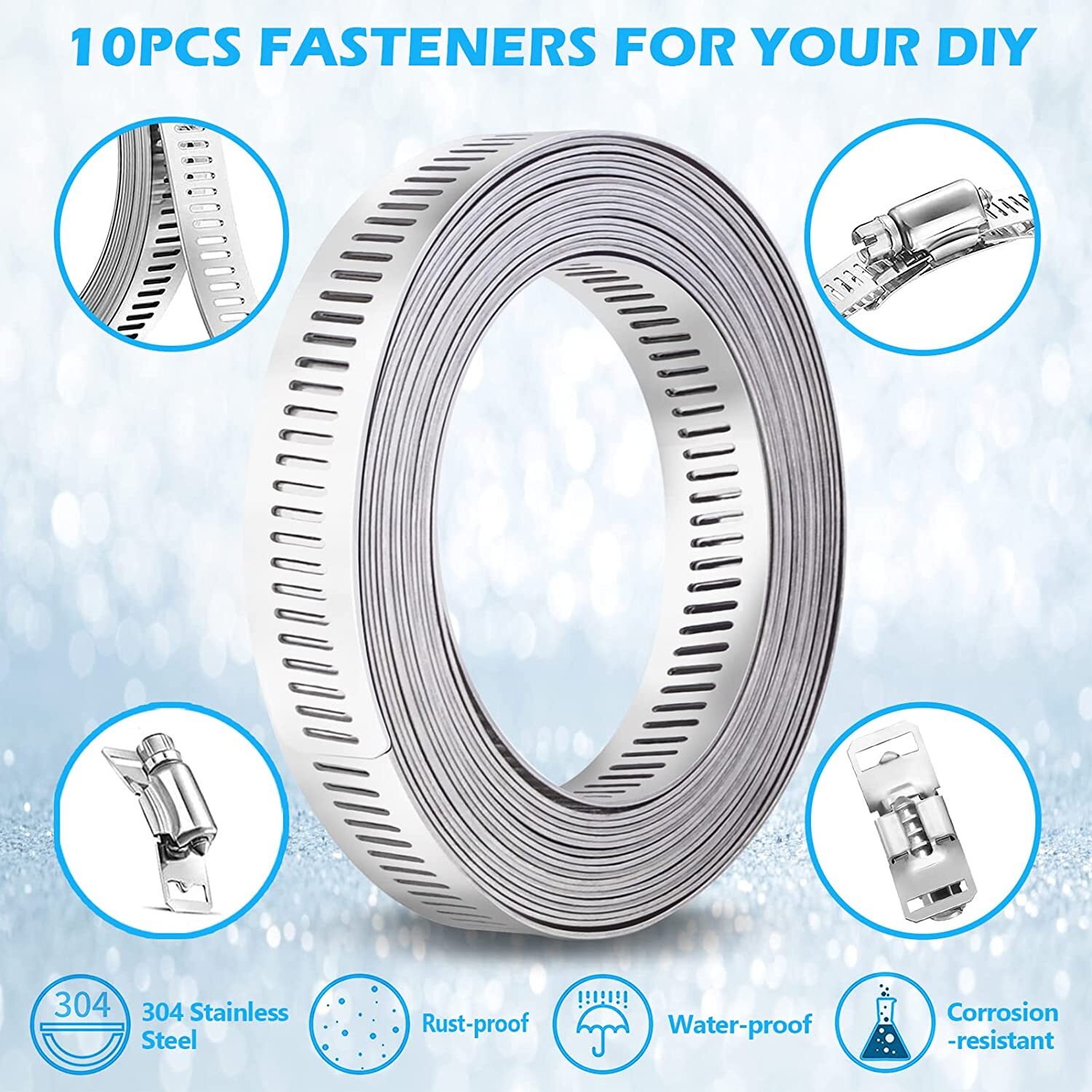 13FT Hose Clamps Strap with 10 Fasteners Adjustable Range Worm Gear ...