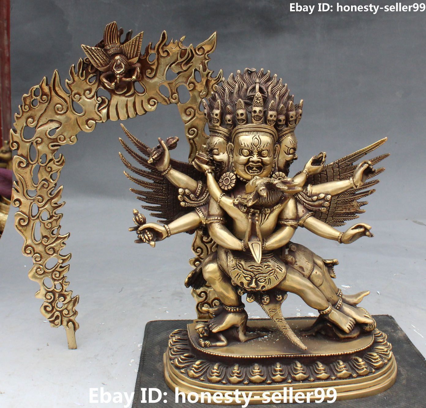 12" Tibet Buddhism Bronze 3 Head 6 Arms Mahakala Wrathful Deity Buddha ...