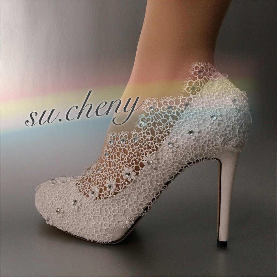 su.cheny White 4" heel platform rhinestone lace Wedding Bridal shoes ...