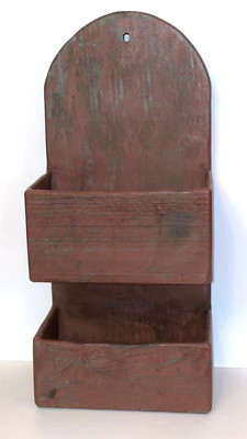VINTAGE PRIMITIVE WOOD DOUBLE BOX WALL HANGER. 20" TALL. WAX GRAINED ...