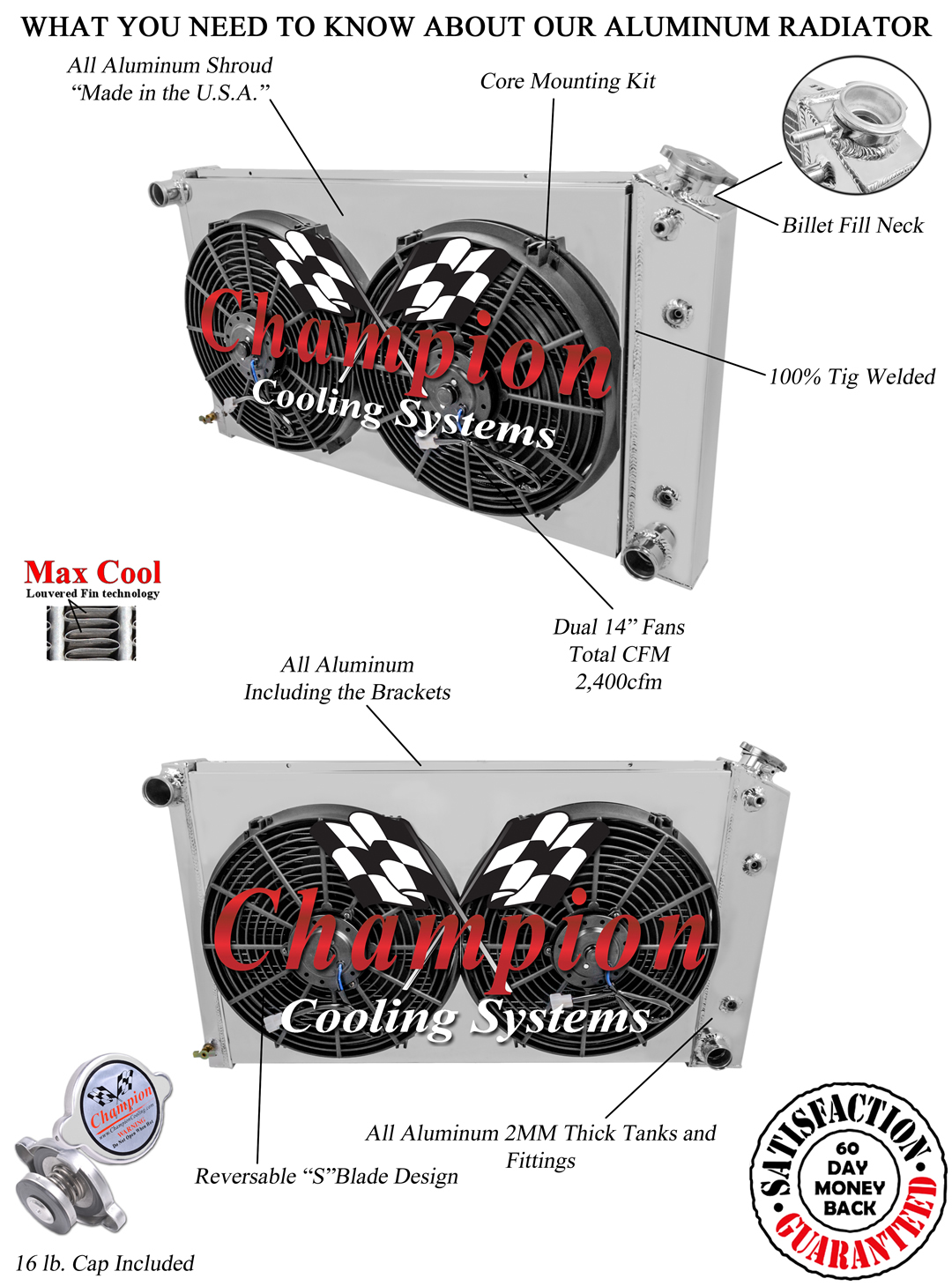 3 Row Champion Radiator Shroud + 14" Fans 1968-1972 Chevelle GTO ...