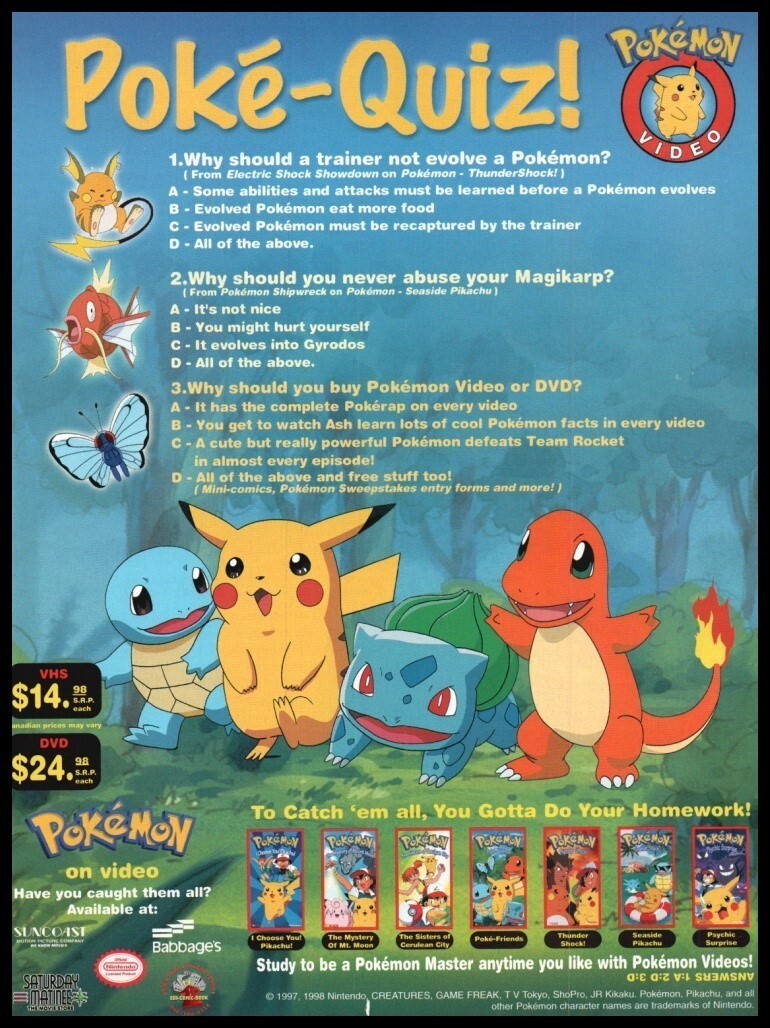 Pokemon Poke-Quiz Video 1998 Nintendo-print ad / mini-poster-Game room ...