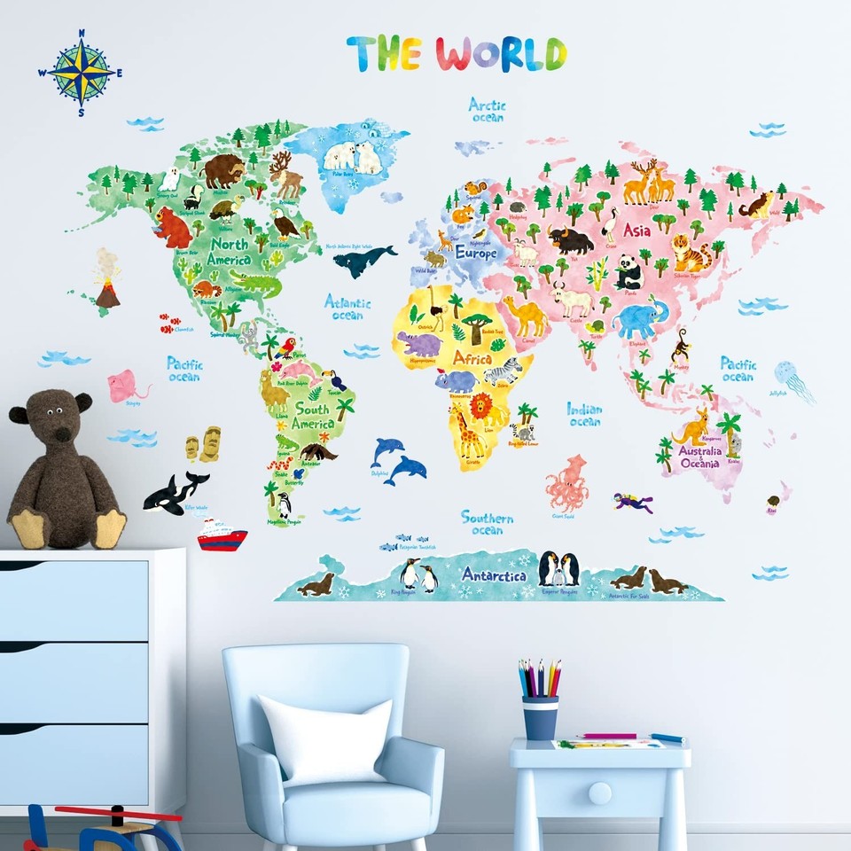 DECOWALL SG2-1615S Animal World Map Kids Wall Decals Wall Stickers Peel and S... | eBay
