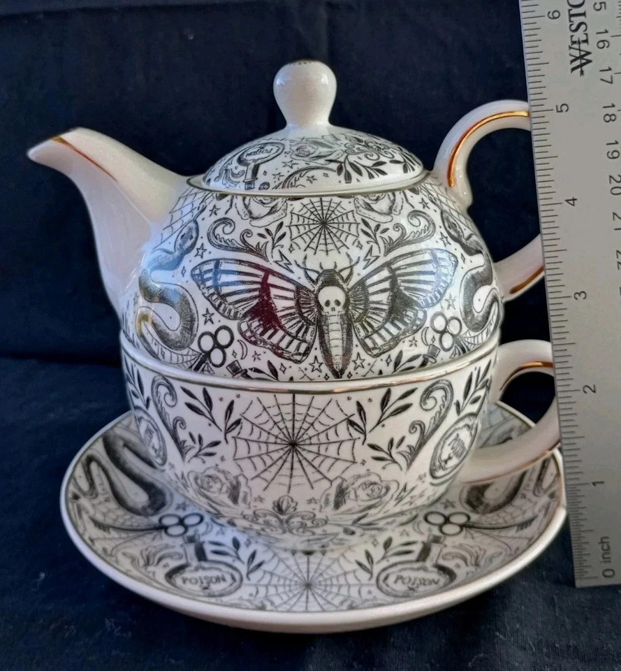 Grace Teaware Gothic White Black Tea for One Set Skull Moth Halloween ...