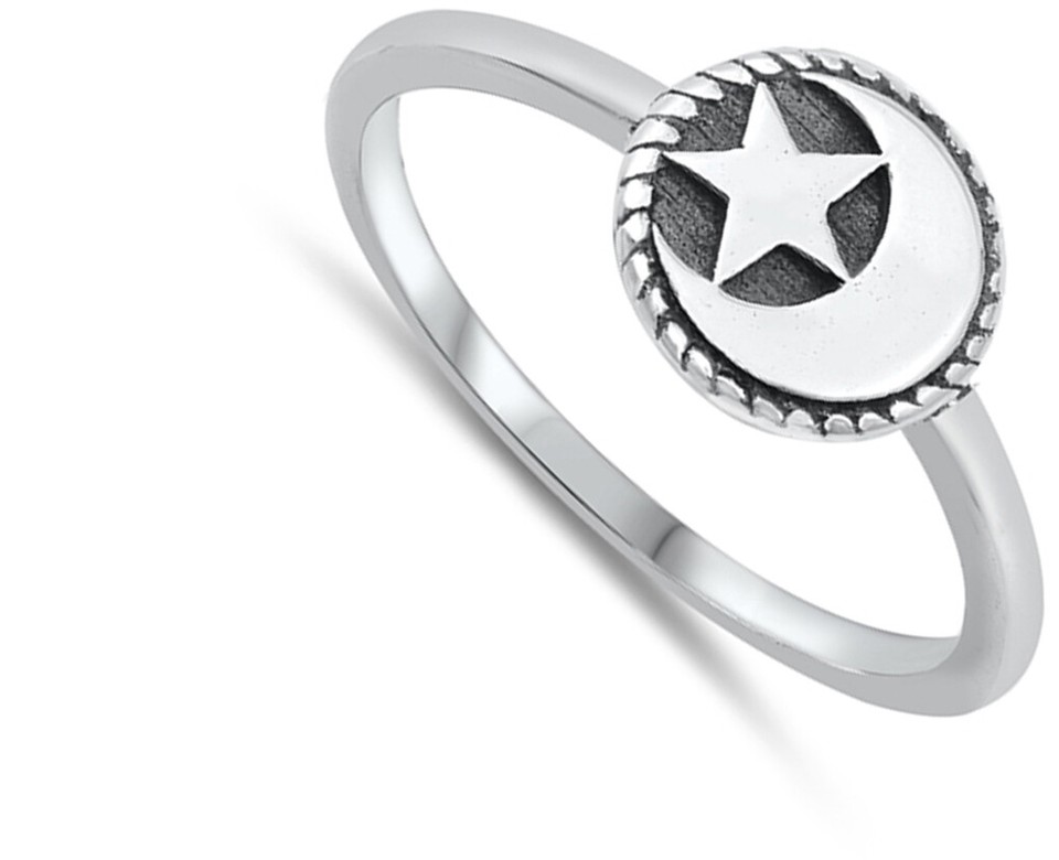 Crescent Moon Star Rope Circle Ring New .925 Sterling Silver Band Sizes ...