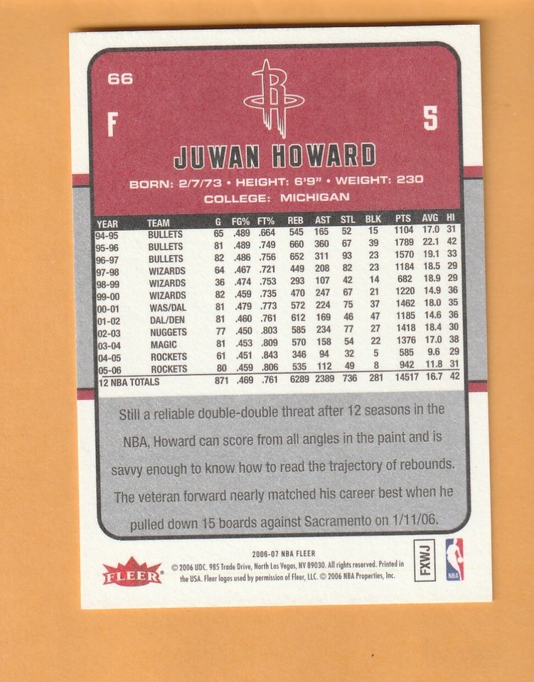 Juwan Howard Houston Rockets 2006-07 Fleer #66 Michigan Wolverines 7W ...
