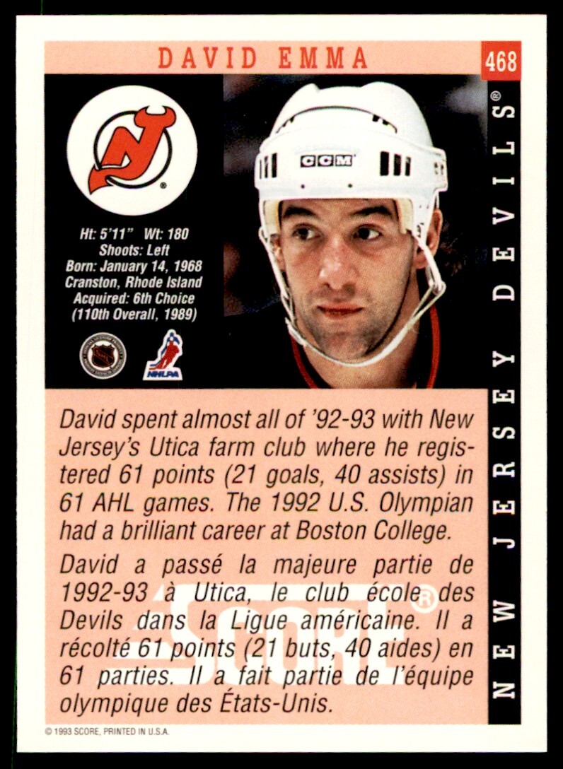 1993-94 Score David Emma New Jersey Devils #468 | eBay