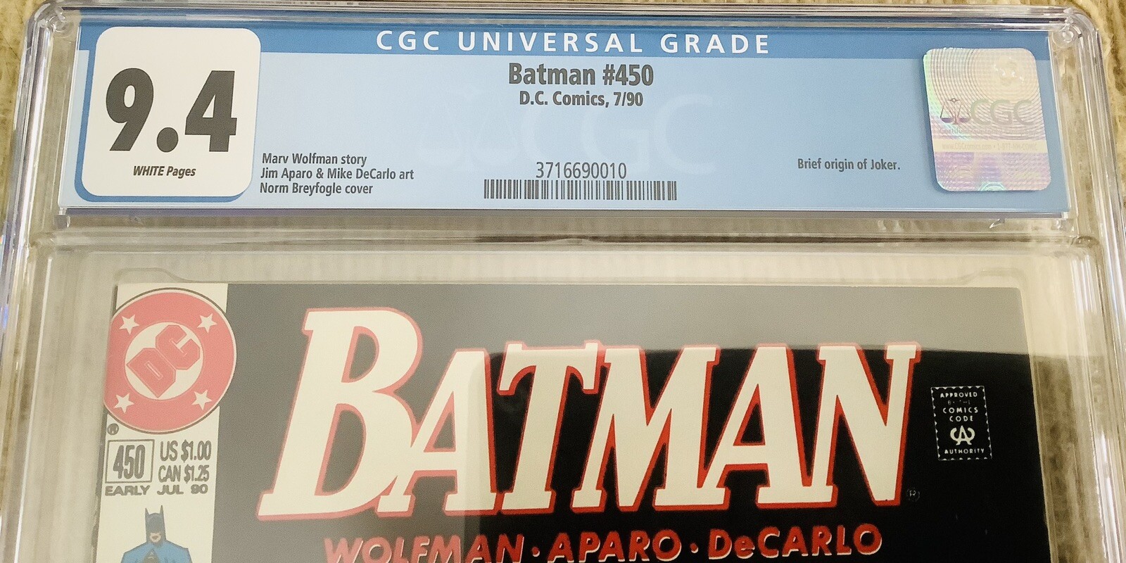 BATMAN #450 (DC 1990) CGC 9.4 NEWSSTAND Rare- Brief Origin of the Joker ...