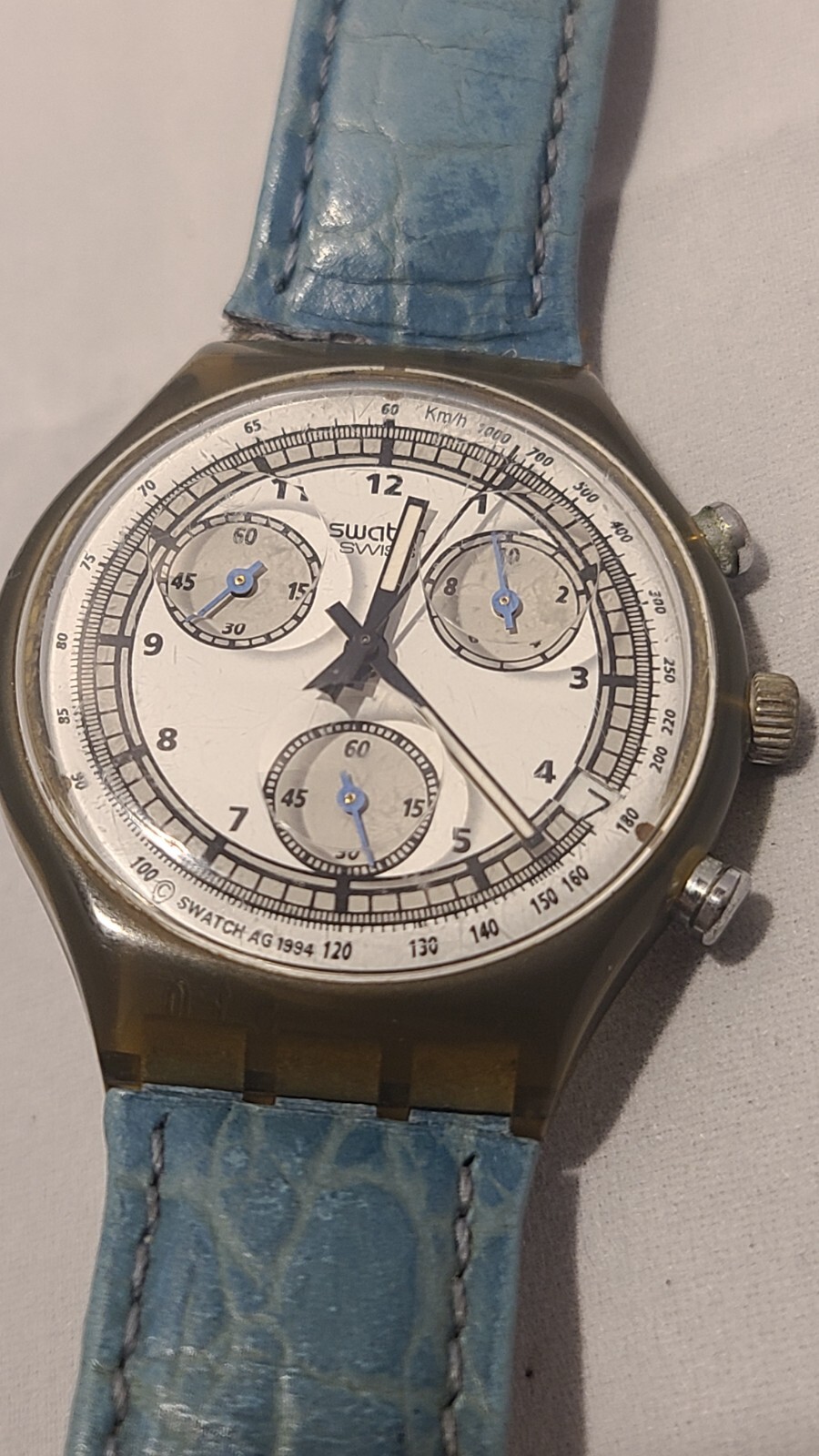 1995 Chrono Ice Cube SCM402 Swatch Watch Blue Leather… - Gem