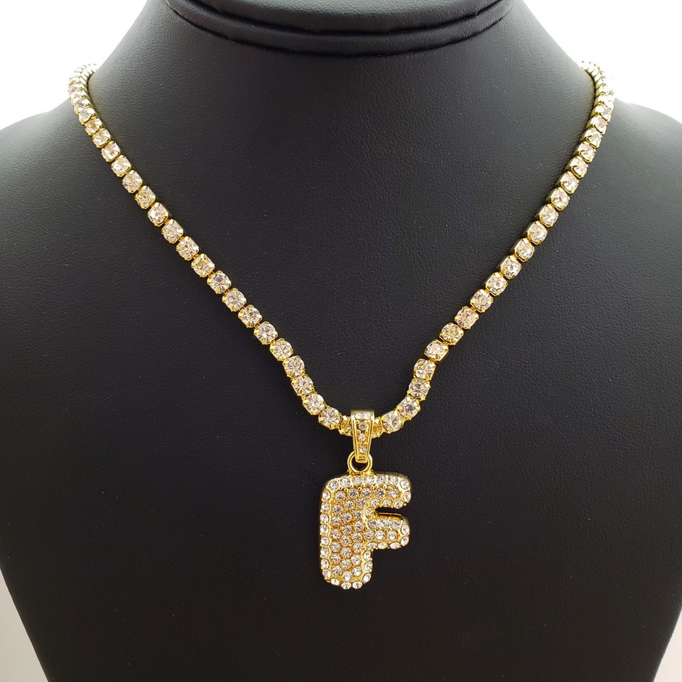 Iced Gold plated Bubble Initial Pendant & 18" 1 Row Tennis Chain ...