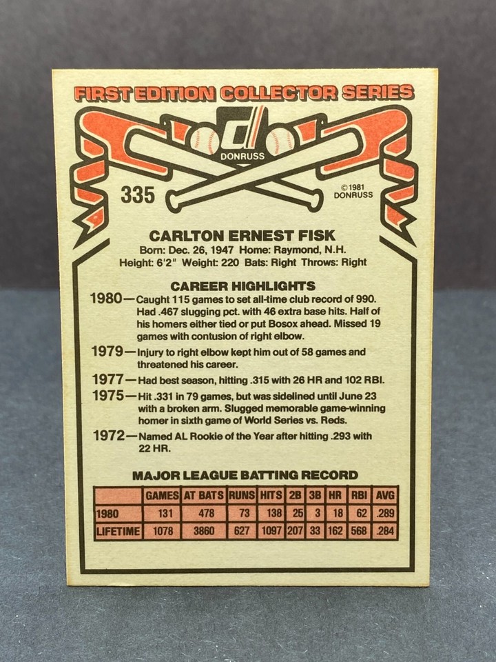 1981 Donruss CARLTON FISK Card No. 335 Crease-Free Boston Red Sox NM ...
