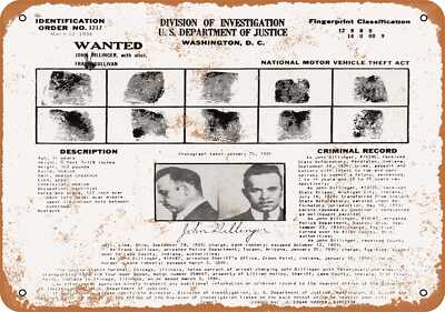 METAL SIGN - 1934 John Dillinger Fingerprints Wanted Flyer - Vintage Lo ...