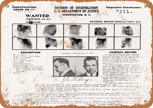 METAL SIGN - 1934 John Dillinger Fingerprints Wanted Flyer - Vintage Lo ...