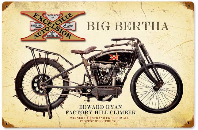 Big Bertha Excelsior Vintage Metal Motorcycle Racing Sign Man Cave ...