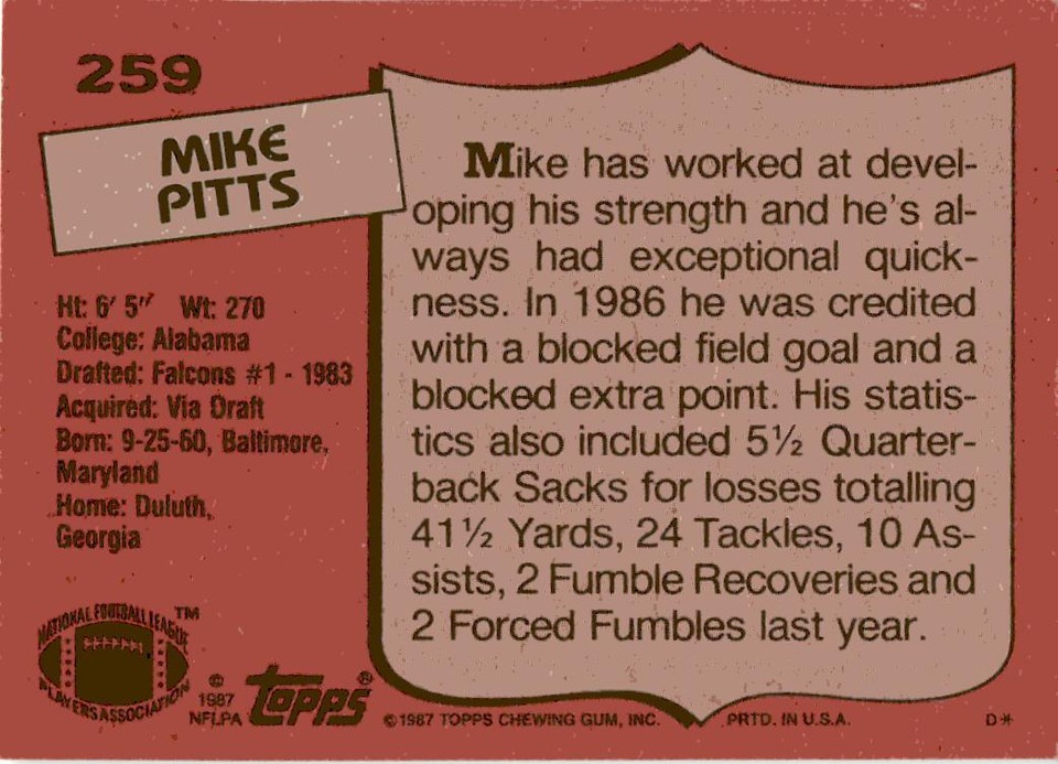 1987 Topps Football #259b Mike Pitts Atlanta Falcons Vintage Original ...