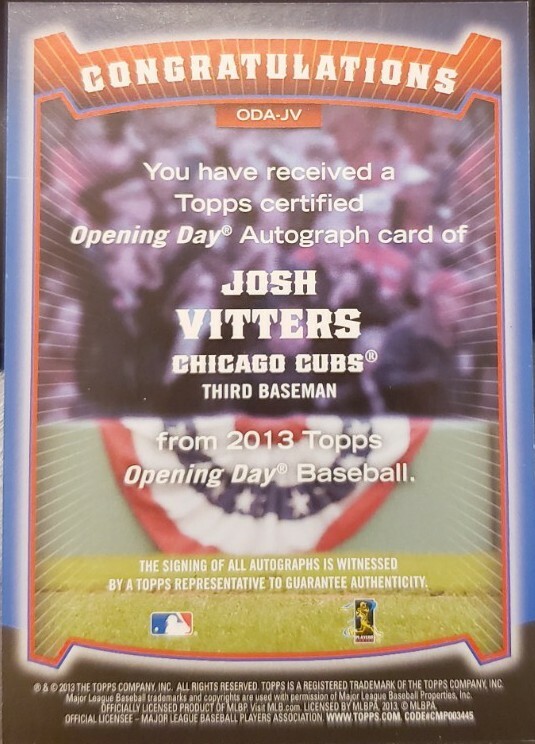 JOSH VITTERS 2013 Topps Opening Day Autographs Rookie AUTO Chicago Cubs ...